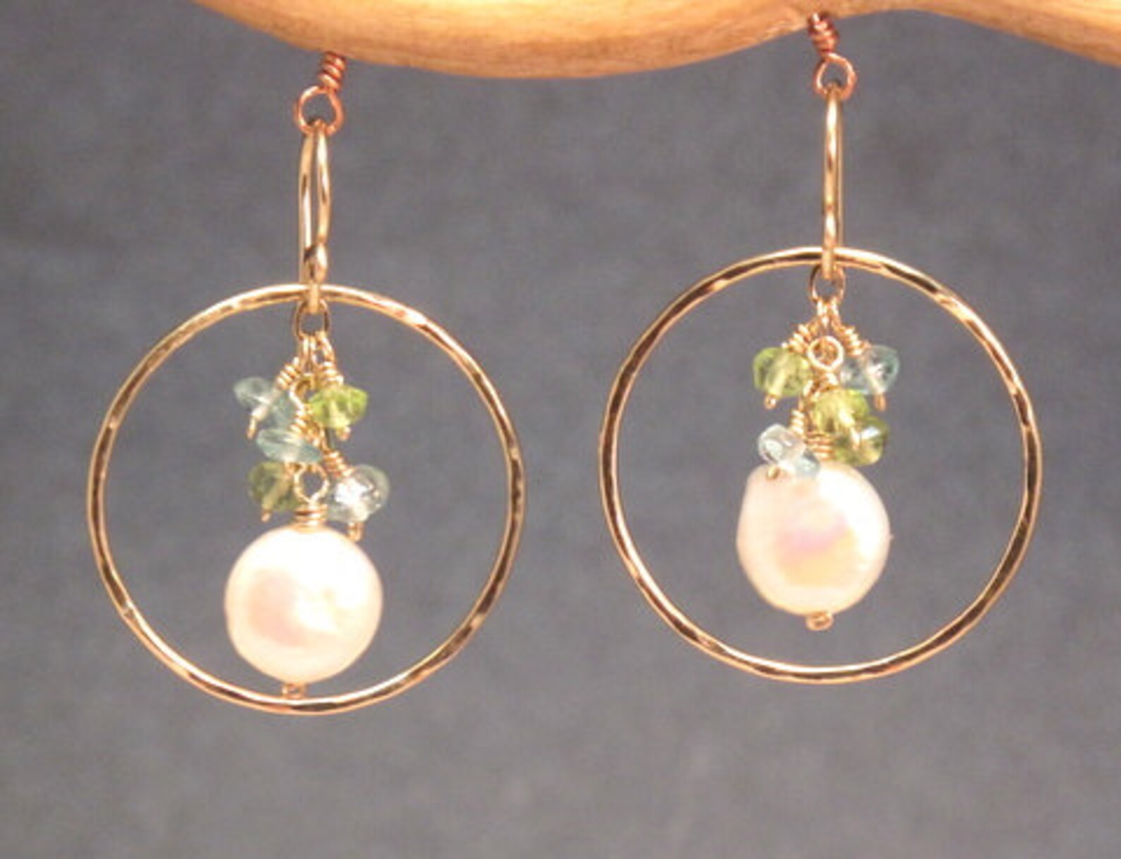 Hammered Hoops With Peridot Apatite and Ivory Pearl Bohemian - Etsy