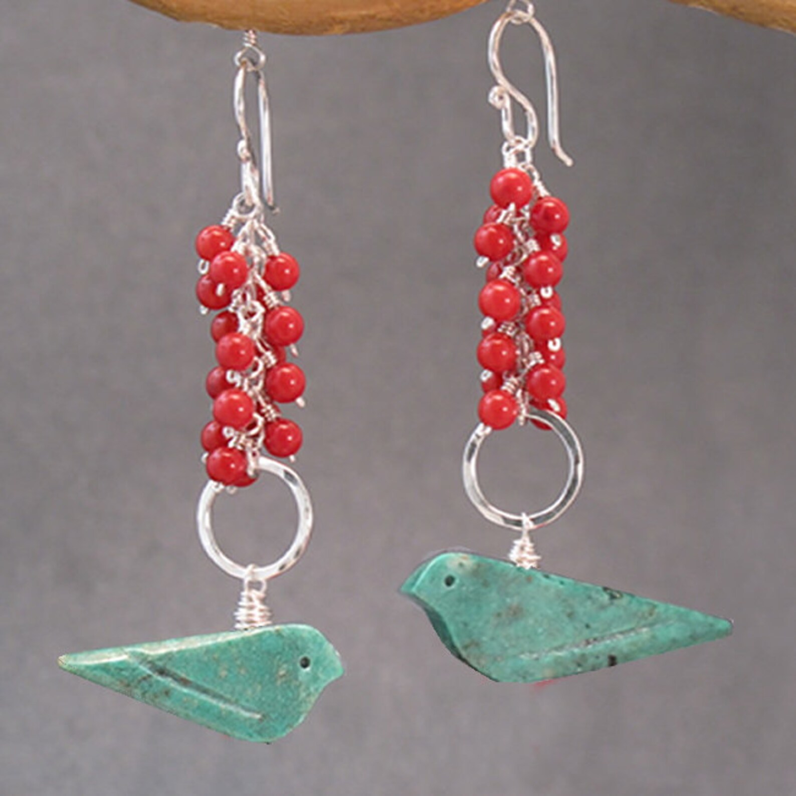 Red Coral and Turquoise Birds on Hammered Rings Modglam 171 - Etsy