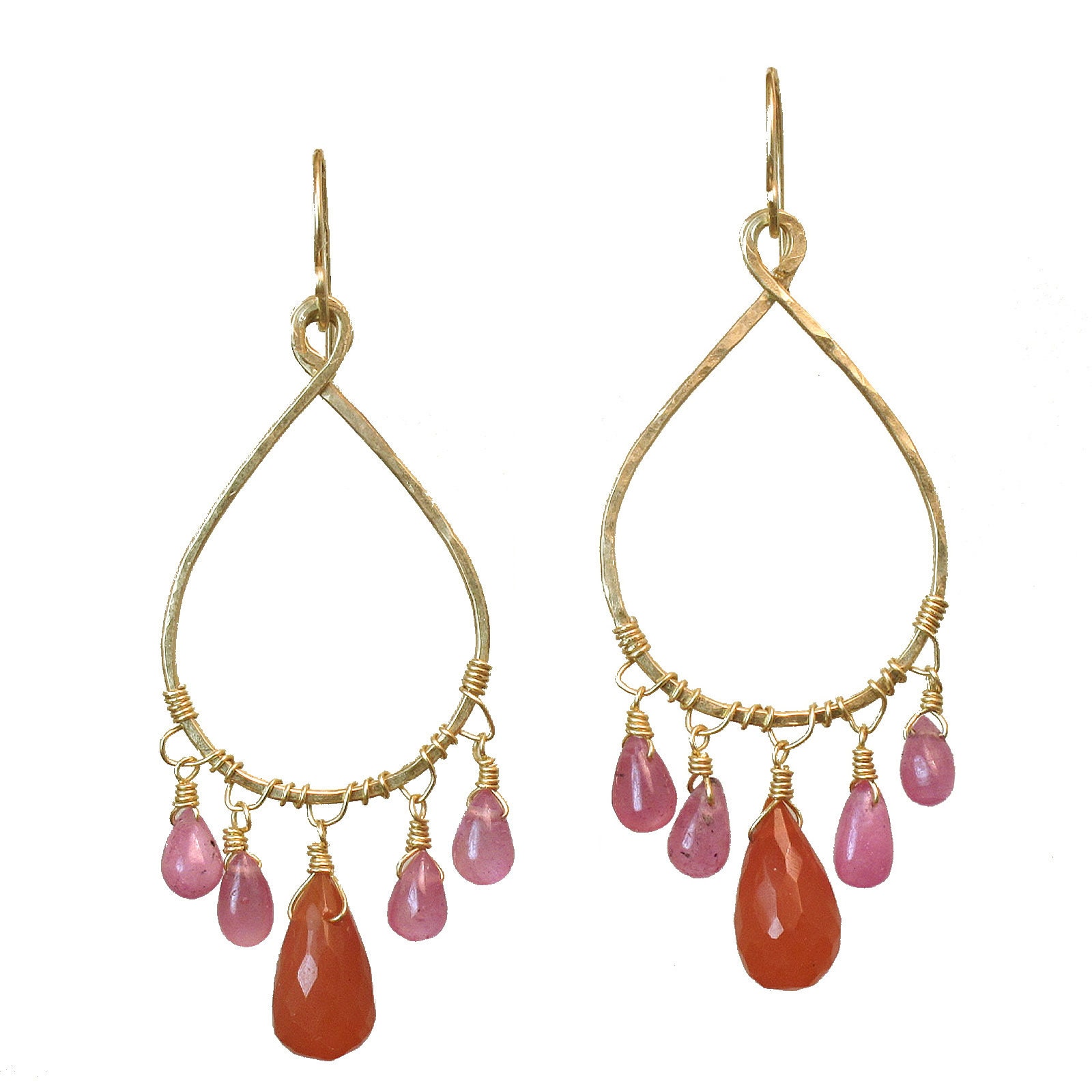 Hammered Drop Hoop With Pink Tourmaline Mandarin Garnet - Etsy