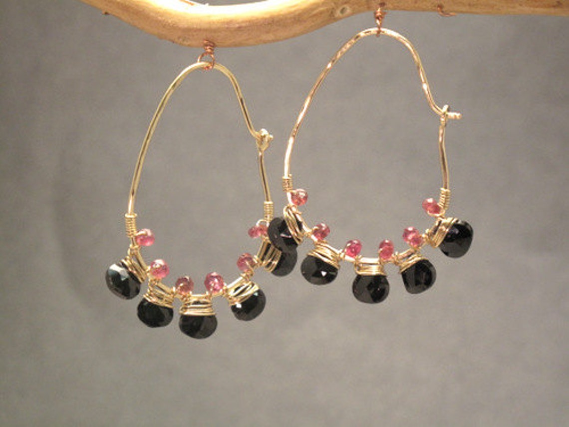 Half round hoops wrapped with garnet and black spinel | Etsy