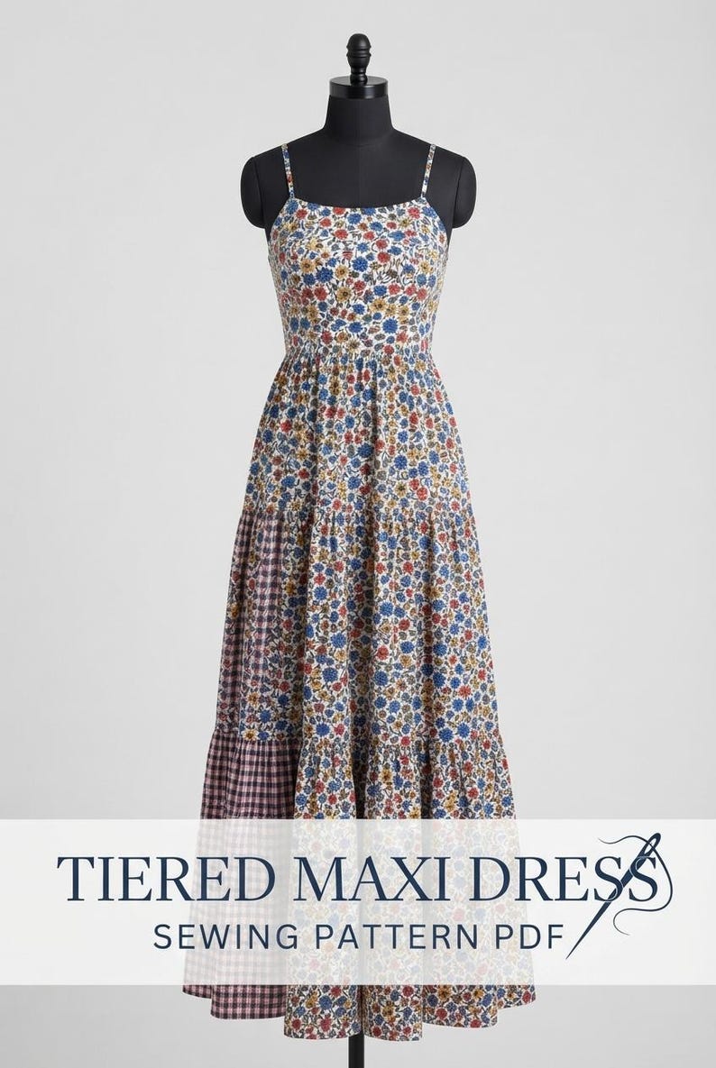 Tiered Floral Maxi Dress Sewing Pattern PDF - Elegant Spaghetti Strap ...