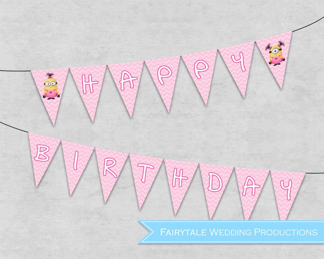 Pink Minions Despicable Me Happy Birthday Pennant Banner Bunting Party ...