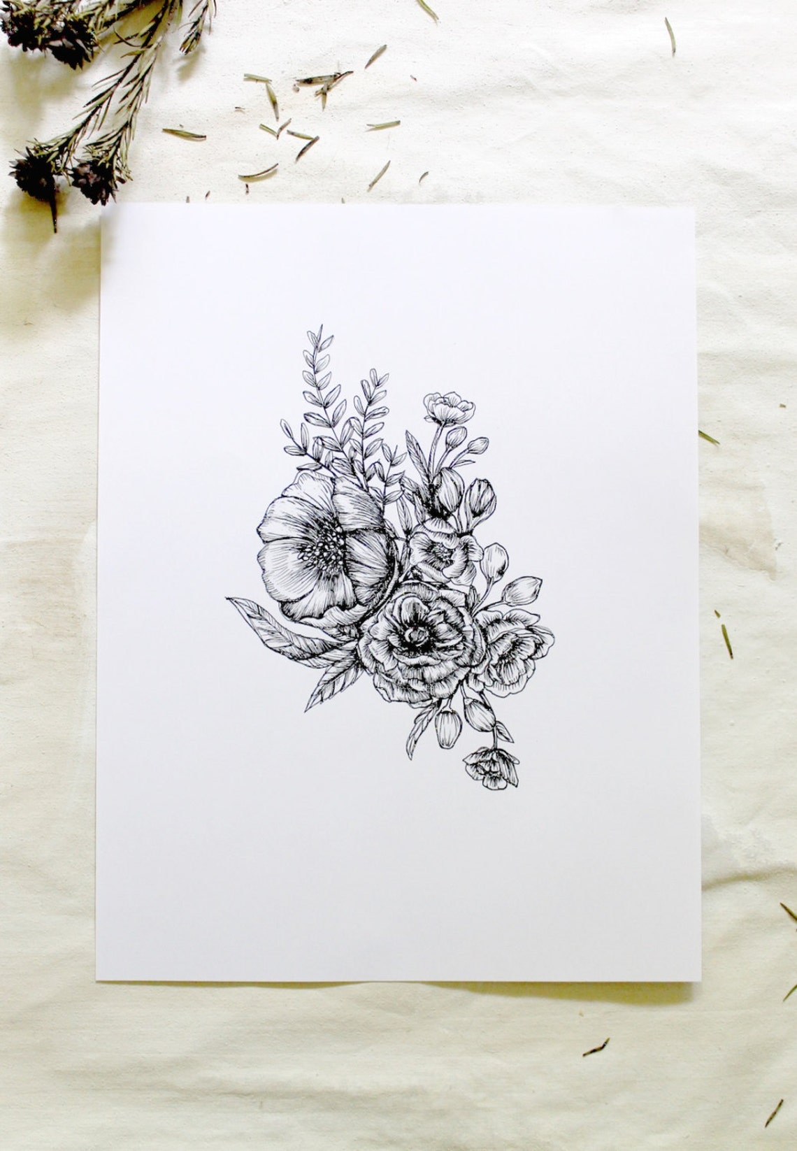 Floral Bouquet Botanical Floral Pen and Ink Hand Drawn Illustration ...