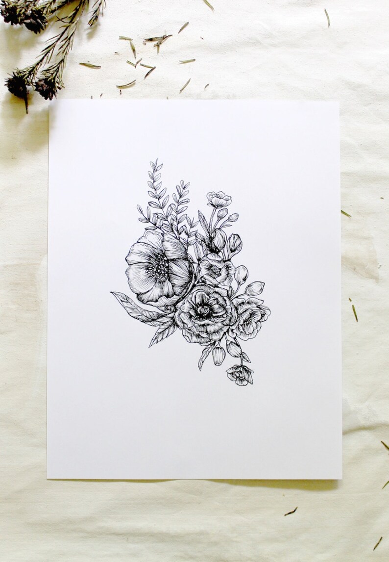 Floral Bouquet Botanical Floral Pen and Ink Hand Drawn - Etsy