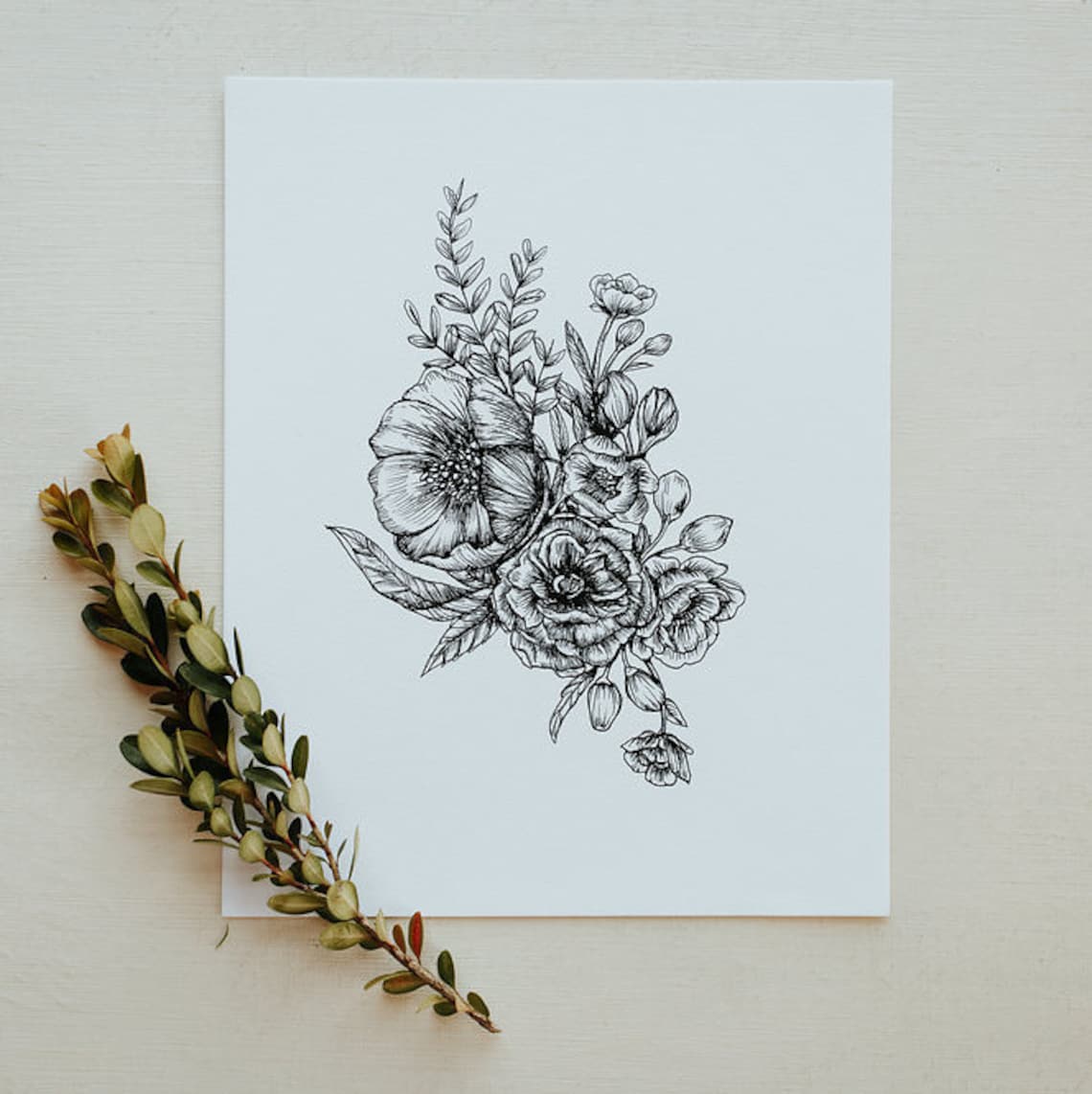 Floral Bouquet Botanical Floral Pen and Ink Hand Drawn Illustration ...
