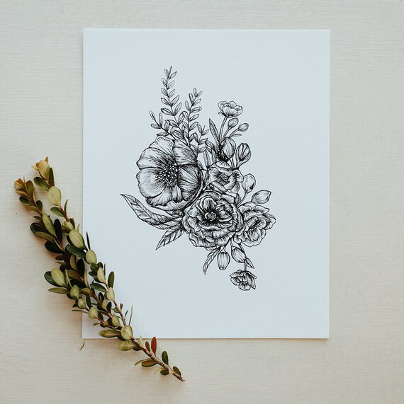 Floral Bouquet Botanical Floral Pen and Ink Hand Drawn | Etsy