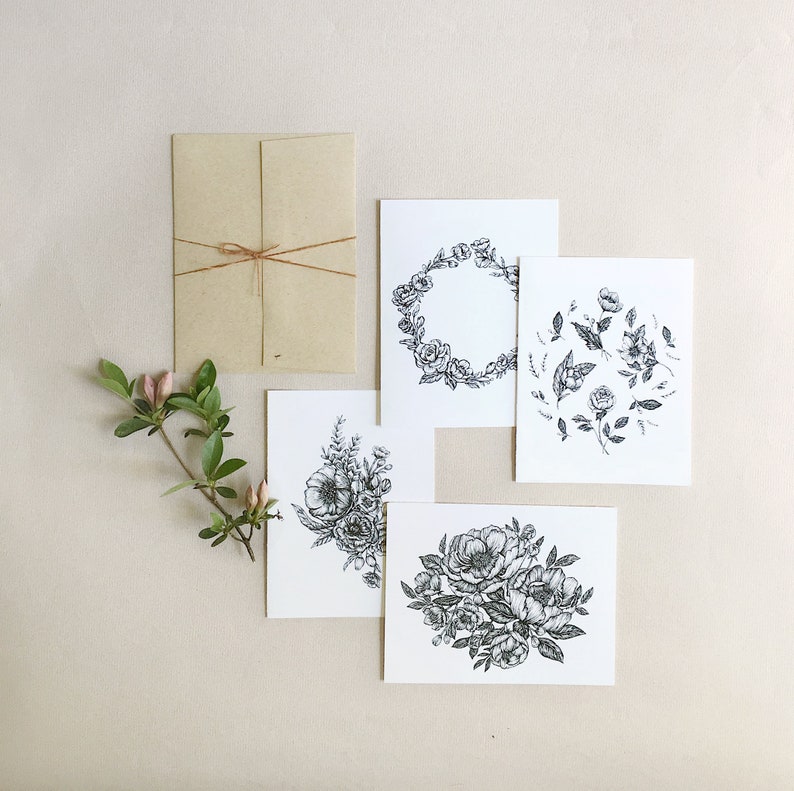 Botanical Card Set of Four Original Illustrations | Etsy