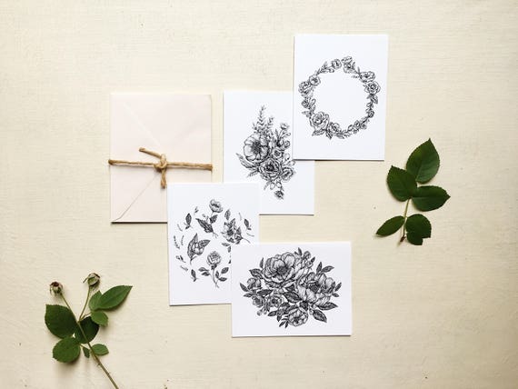 Botanical Card Set of Four Original Illustrations | Etsy