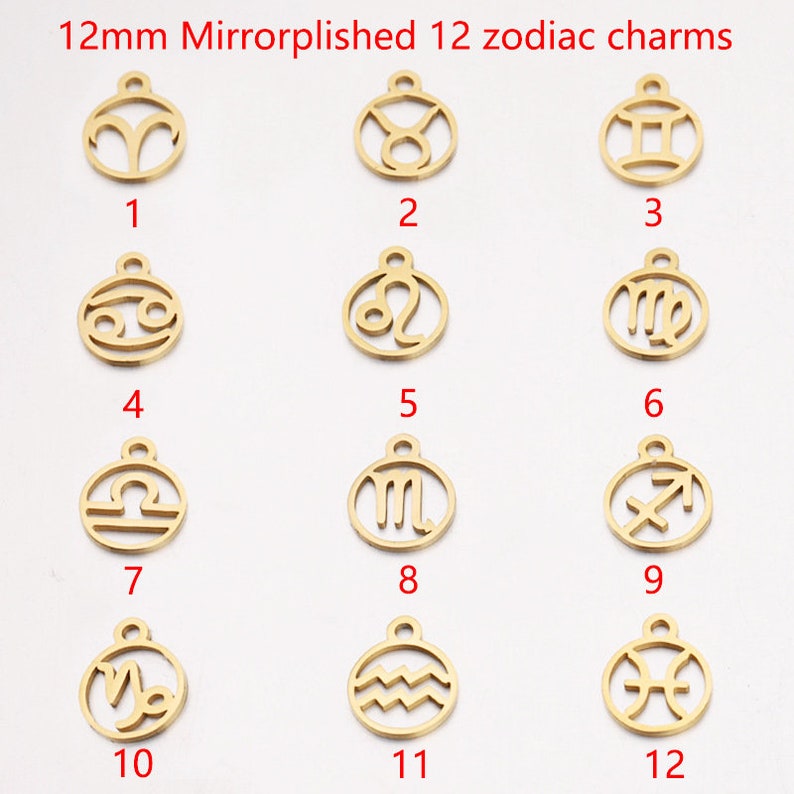 A Set 12mm Single Hole Steel Mirror Polished 12 Zodiac Round Charm ...