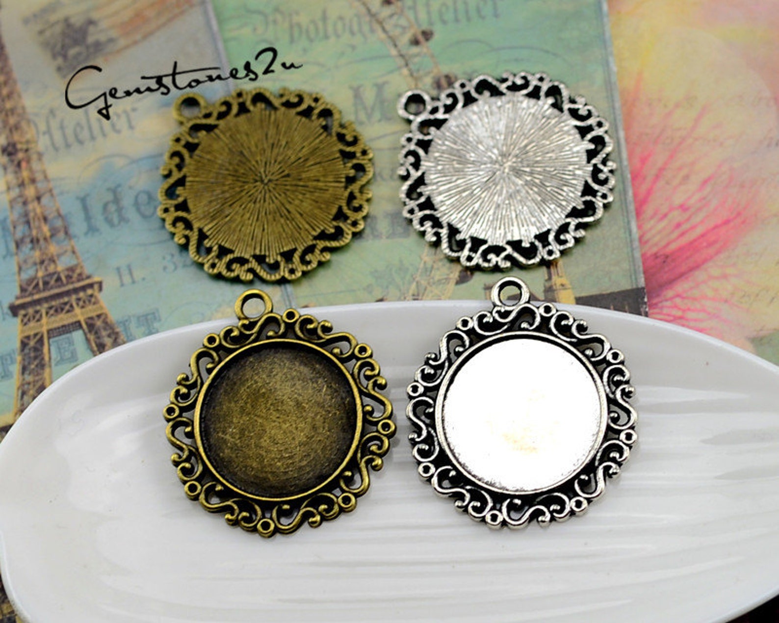 20pcs Alloy Filigree Scroll Edged 25mm Round Bezel Setting, Round ...