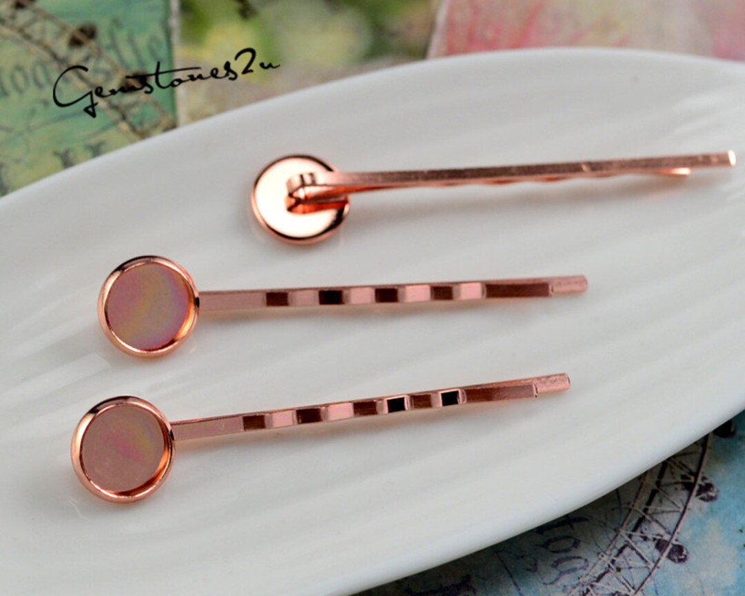 50pcs Hair Clips- Rose Gold Round Bezel Setting, Hair Barrette With ...