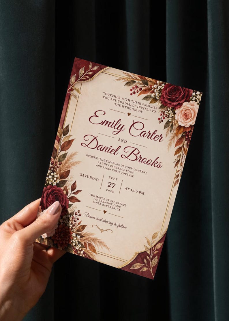 Fall Wedding Invitation Template, Editable Burgundy Gold Floral Wedding ...