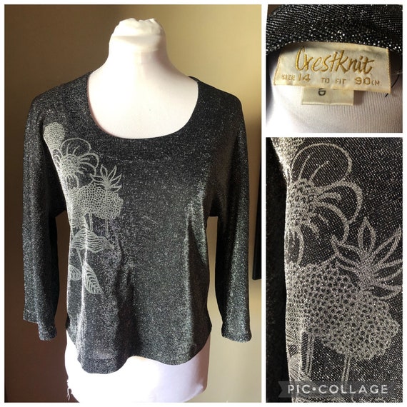 Vintage early 1970s Black Silver Thread Crestknit Blo… - Gem