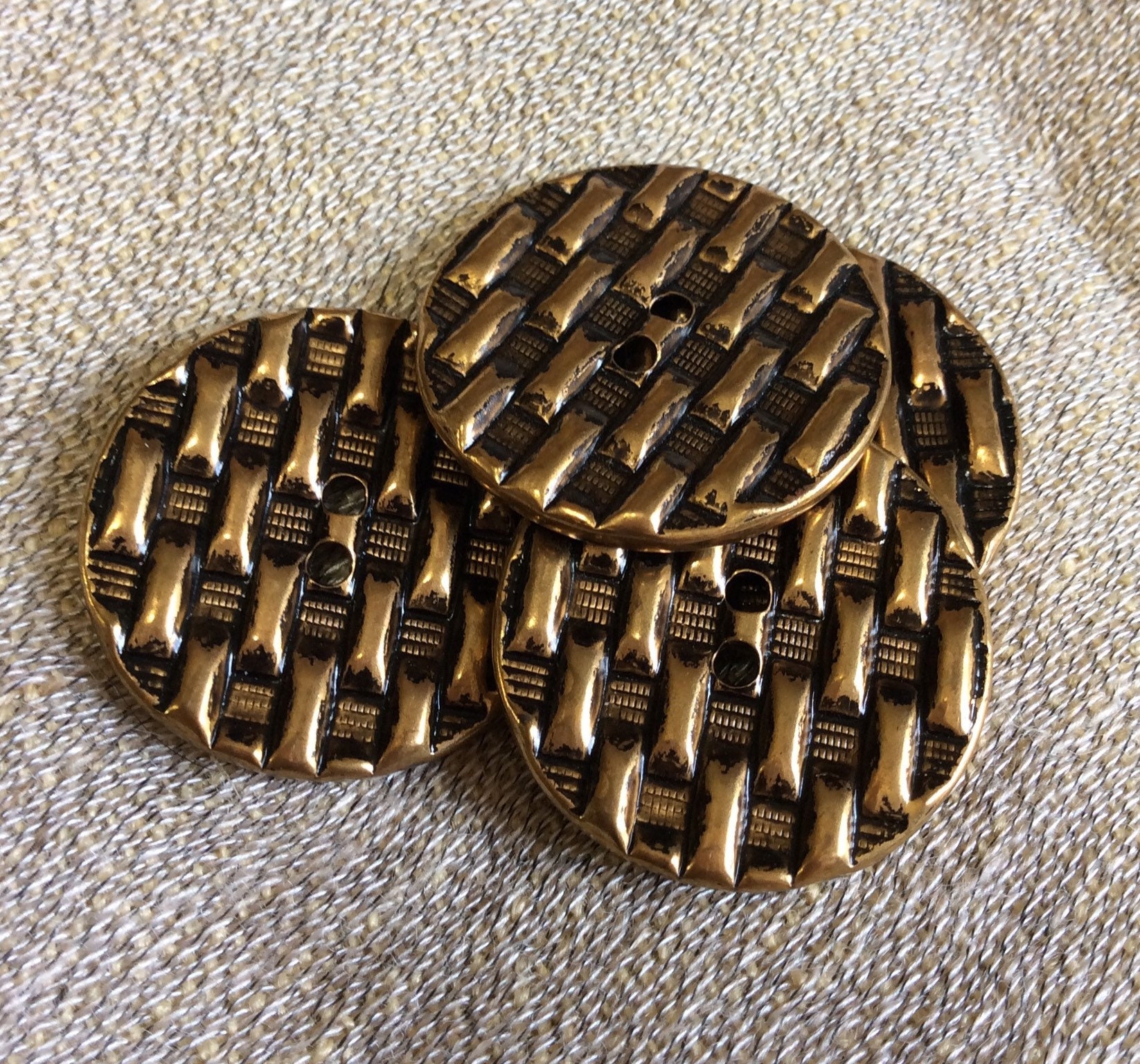 Four Large Basketweave Textured Vintage Metal Buttons in Antiqued Brass ...