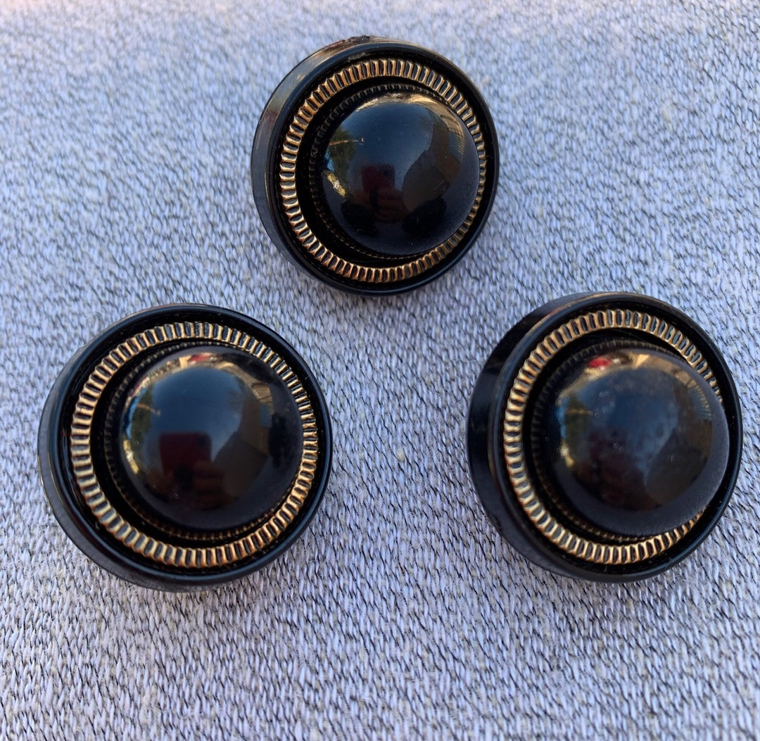 Three Large Black and Gold Vintage Dome Shaped Plastic Buttons Self ...