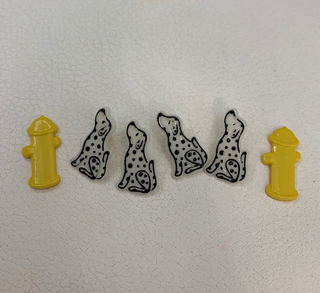 Set of Six Plastic Dalmatian Dog Buttons and Yellow Fireplug Cabochons ...