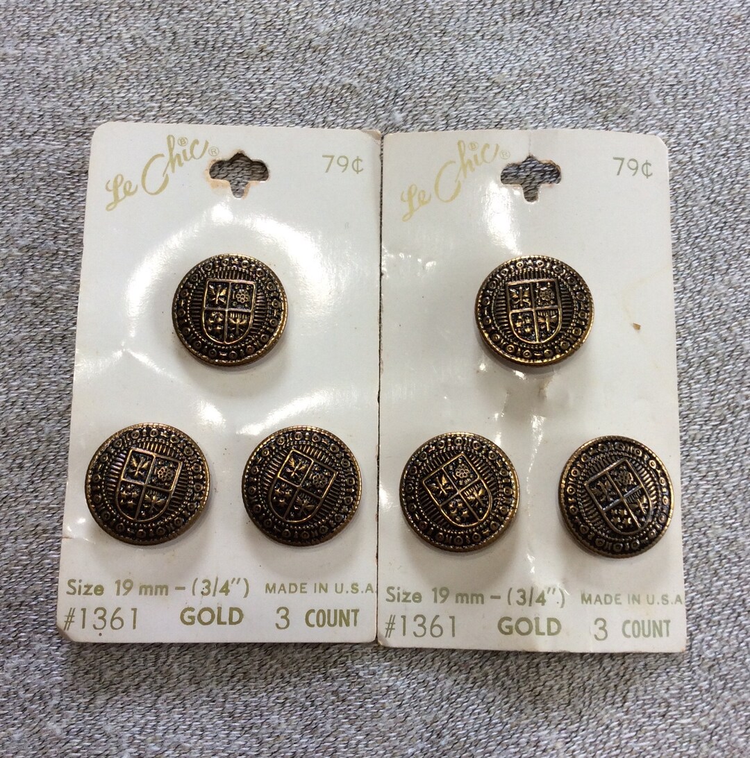 Six Brass Colored Metal Traditional Shield Buttons on Original Le Chic ...