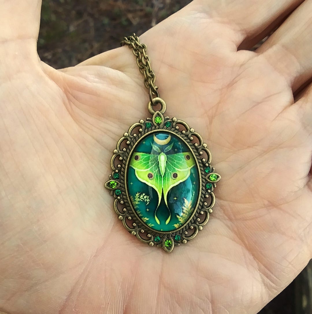 Large Green Luna Moth and Antique Gold Filigree Oval Shaped Pendant ...