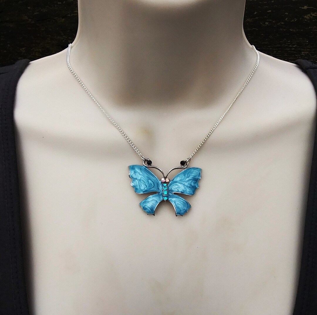 Blue Butterfly Necklace, Large Butterfly Pendant, Blue Enamel Jewelry ...