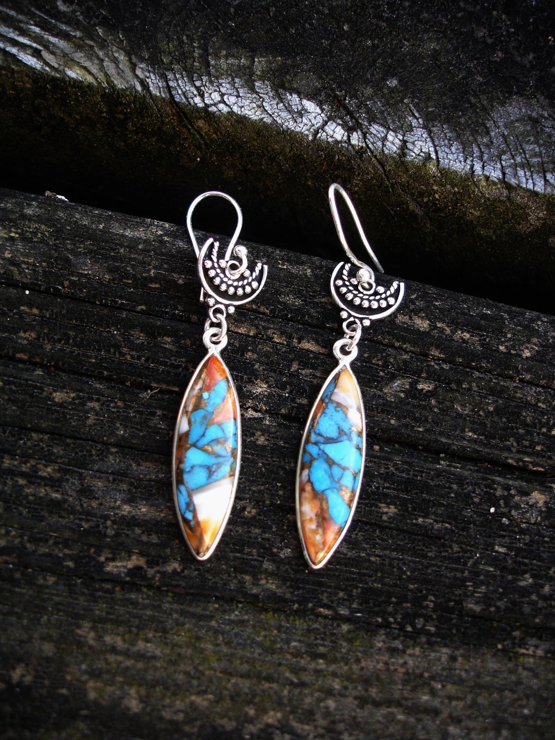 Crescent Moon With Turquoise and Spiny Shell Moon Earrings in Sterling ...