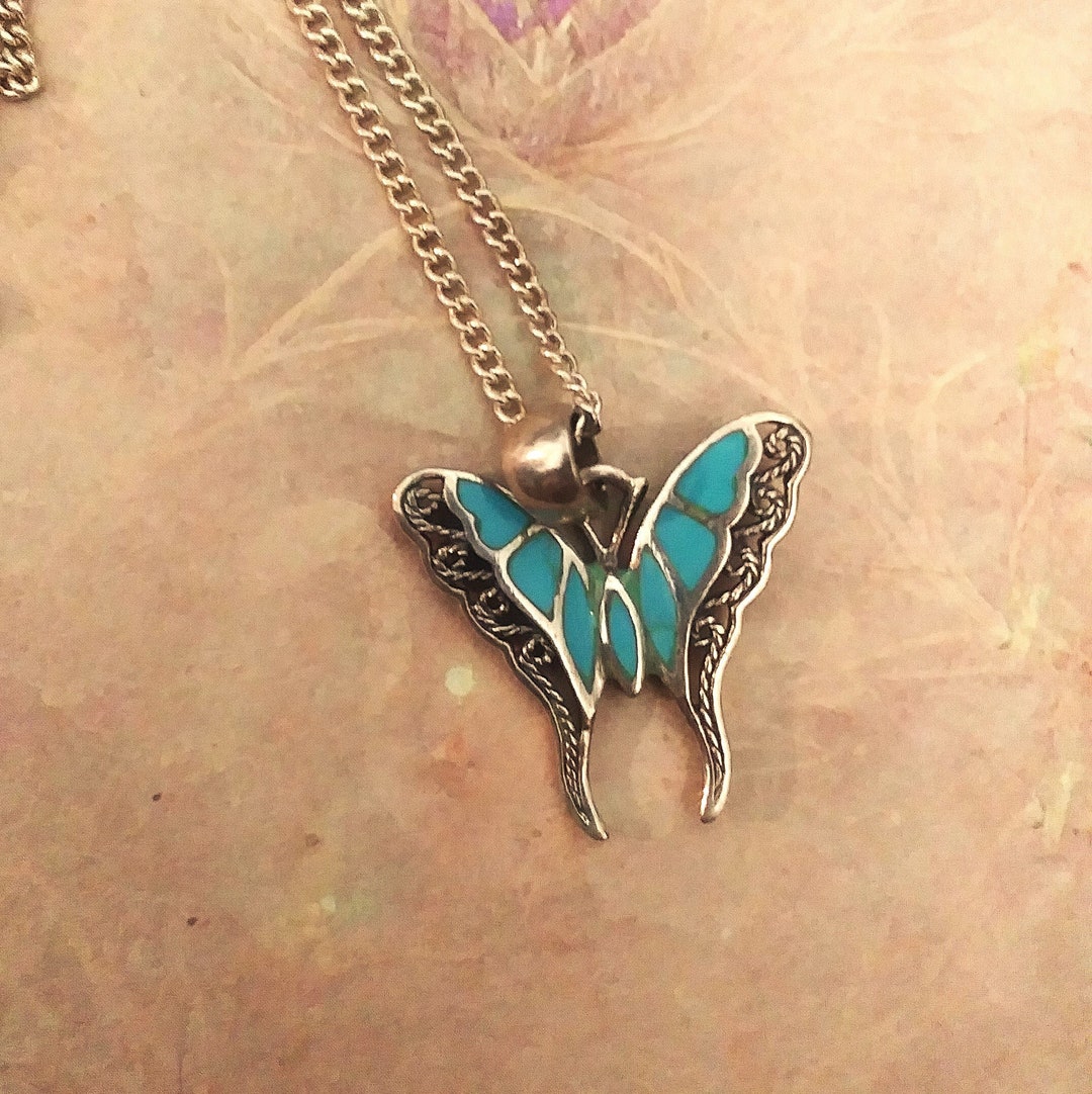 Turquoise Butterfly Necklace, Sterling Silver Jewelry, Small Delicate ...