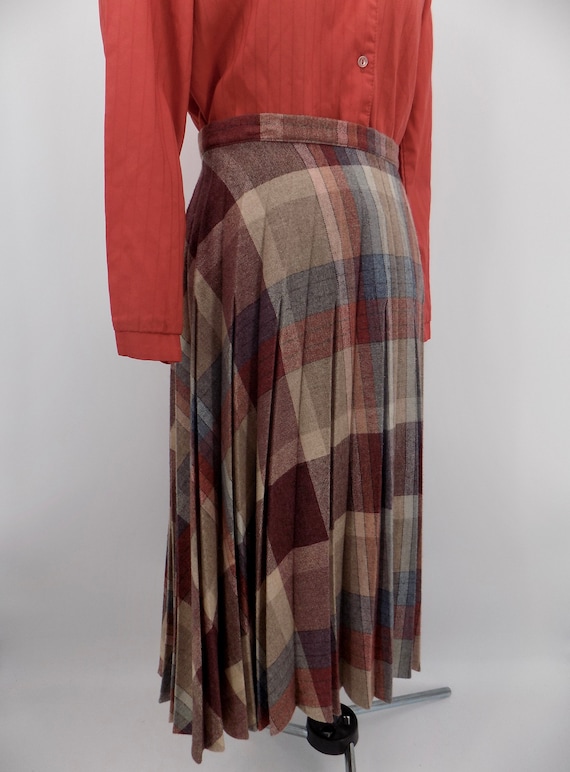 Vintage 1970s Red, Brown & Gray Plaid Wool Pleated Sk… - Gem