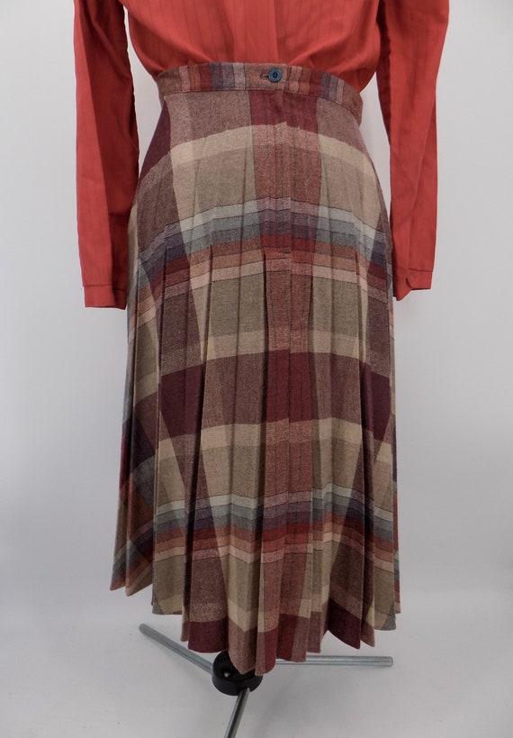 Vintage 1970s Red, Brown & Gray Plaid Wool Pleated Sk… - Gem