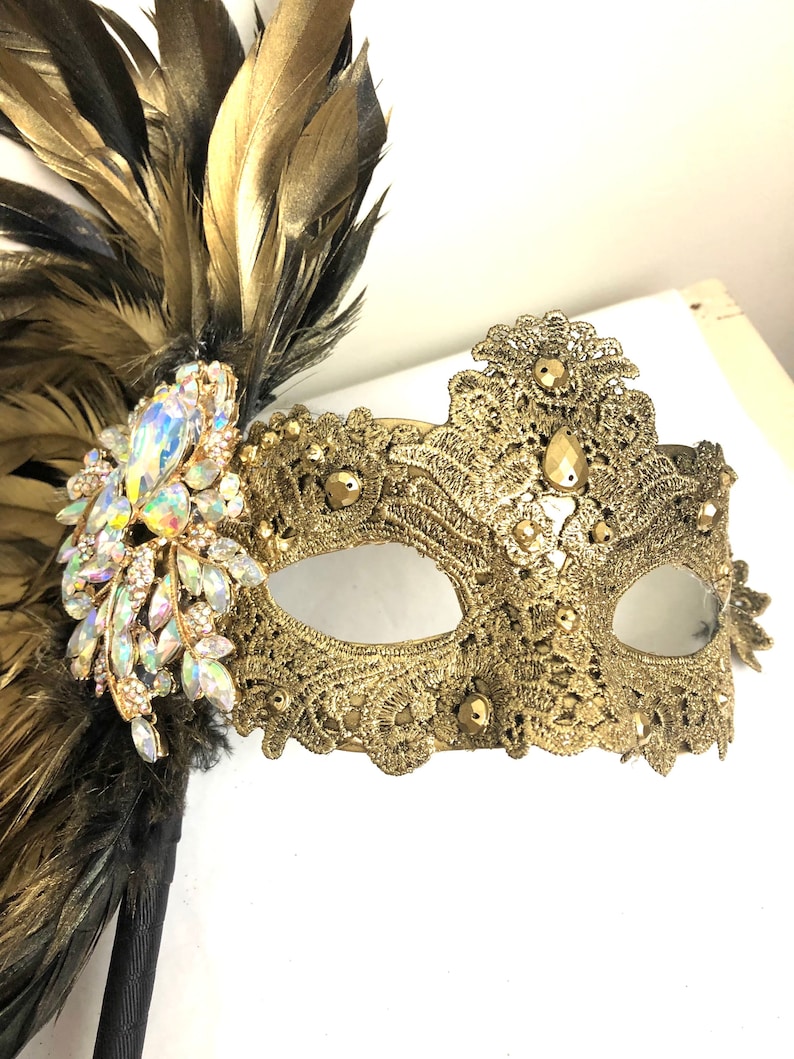 Gold Masquerade Mask With Feathers- Mardi Gras- Halloween- on a Stick ...