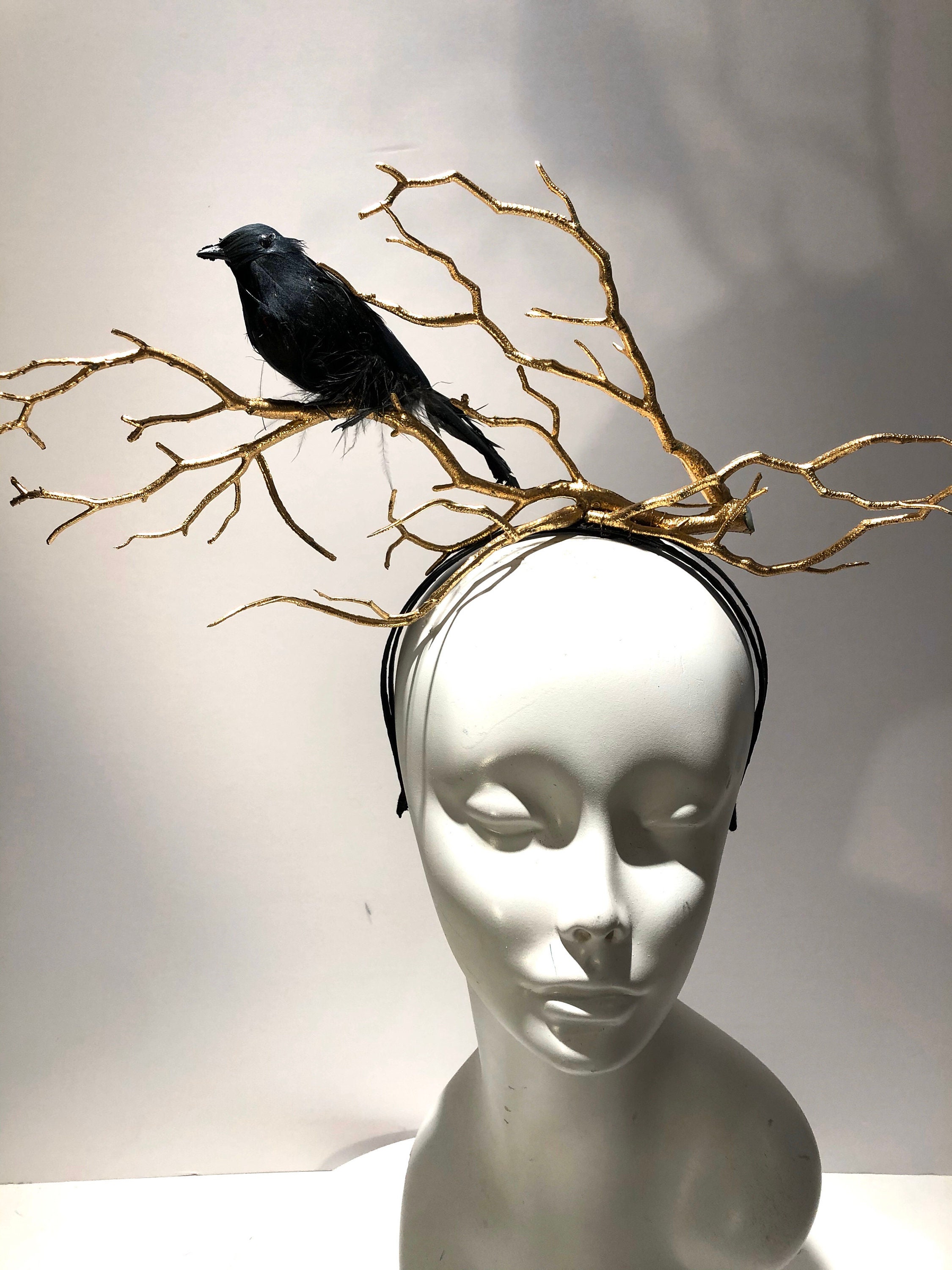 Black Fascinators Black Crow Headband Derby Gold Branch | Etsy