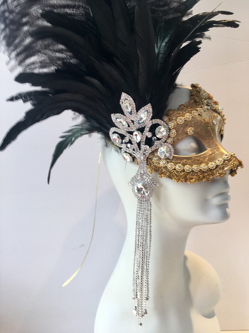 Gold Mask Black Feather Rhinestone Mask Masquerade - Etsy