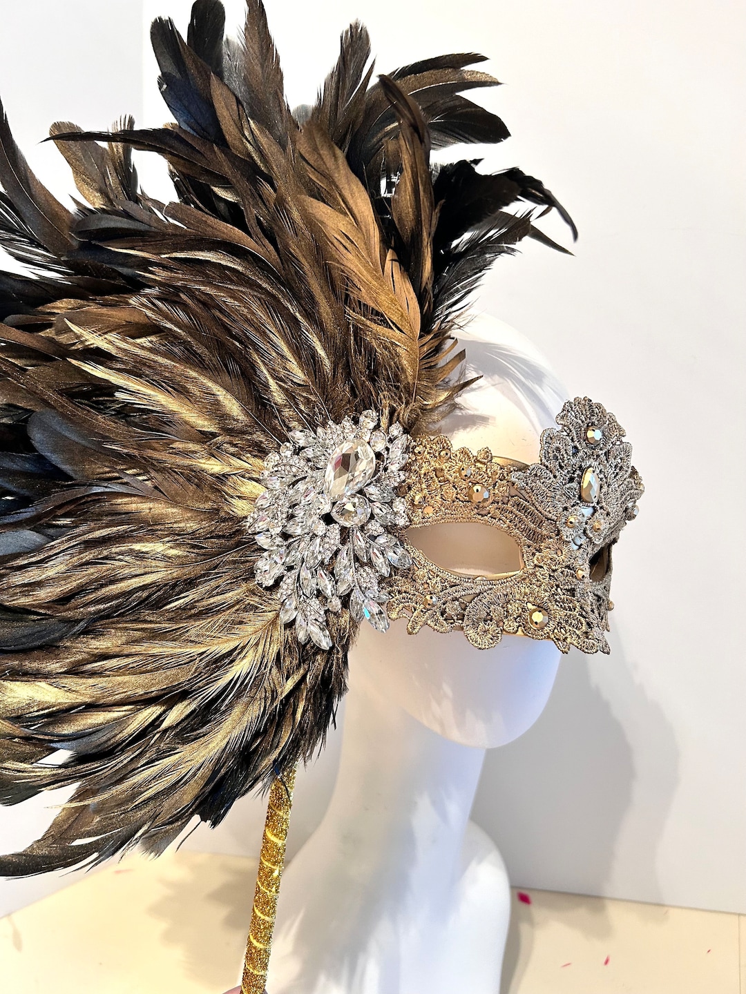 Gold Masquerade Mask With Feathers- Mardi Gras- Halloween- on a Stick ...