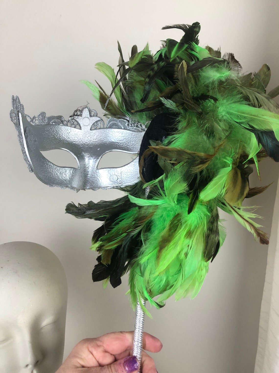 Green Masquerade Mask mardi Gras mask on a Stick Halloween - Etsy