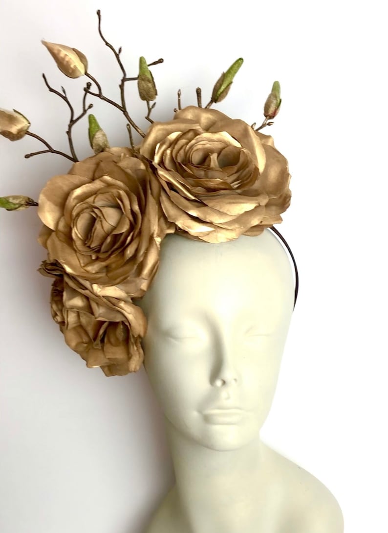 Gold Fascinator Rose Headpiece flower Hat | Etsy
