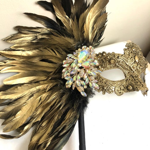 Sequined Gold Masquerade Mask With Rhinestones & Feathers - Etsy