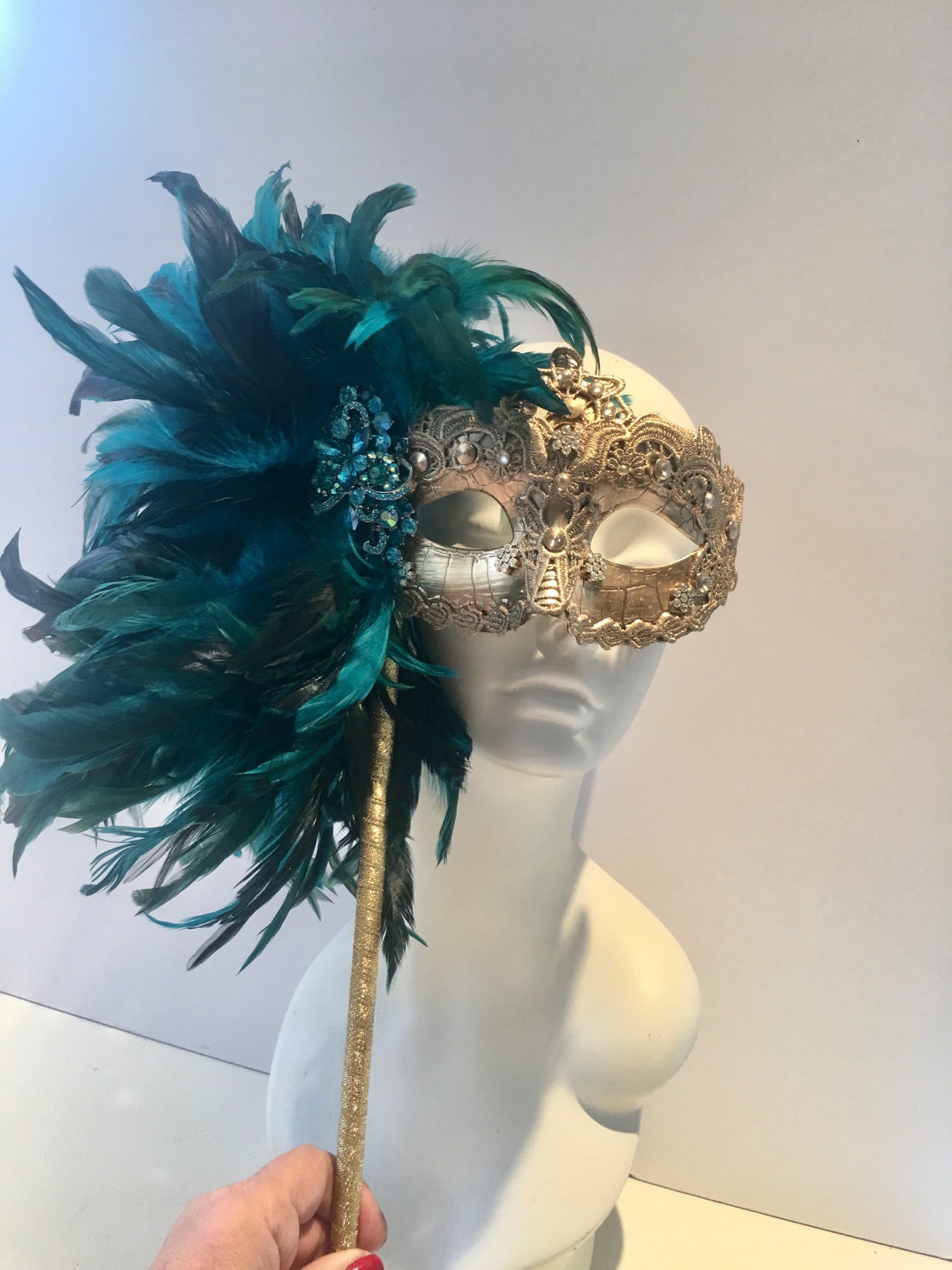 Mask On A Stick Feather Mask Mardi Gras Etsy