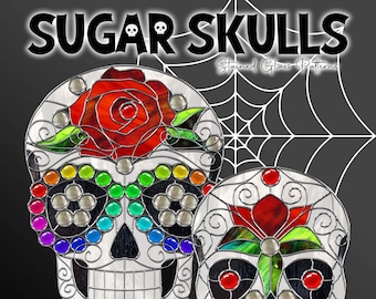 Digital Stained Glass Pattern Dia De Los Muertos Sugar Skulls & Flowers ...