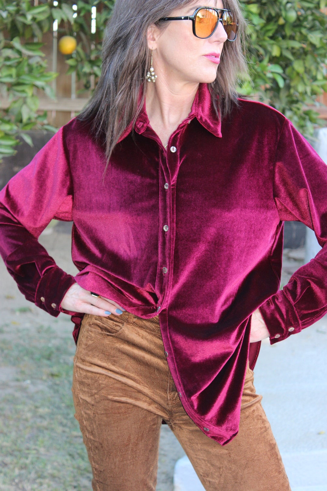 Crimson Velvet Long Sleeve Shirt, Velvet Button Down Shirt, Oversized ...