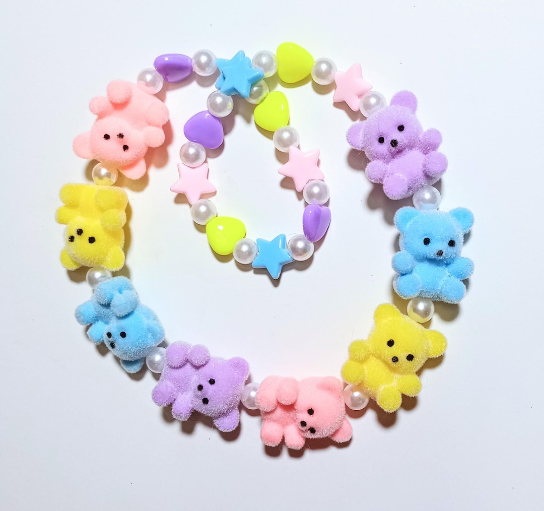 PREORDER - Fuzzy Pastel Rainbow Teddy Bear Stretch Necklace With Heart ...
