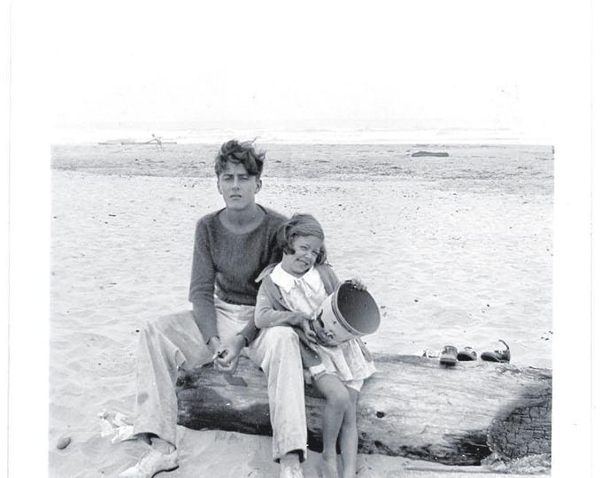 1940s Brother and Sister Sitting on a Log, Seaside, Oregon, Ocean Beach ...