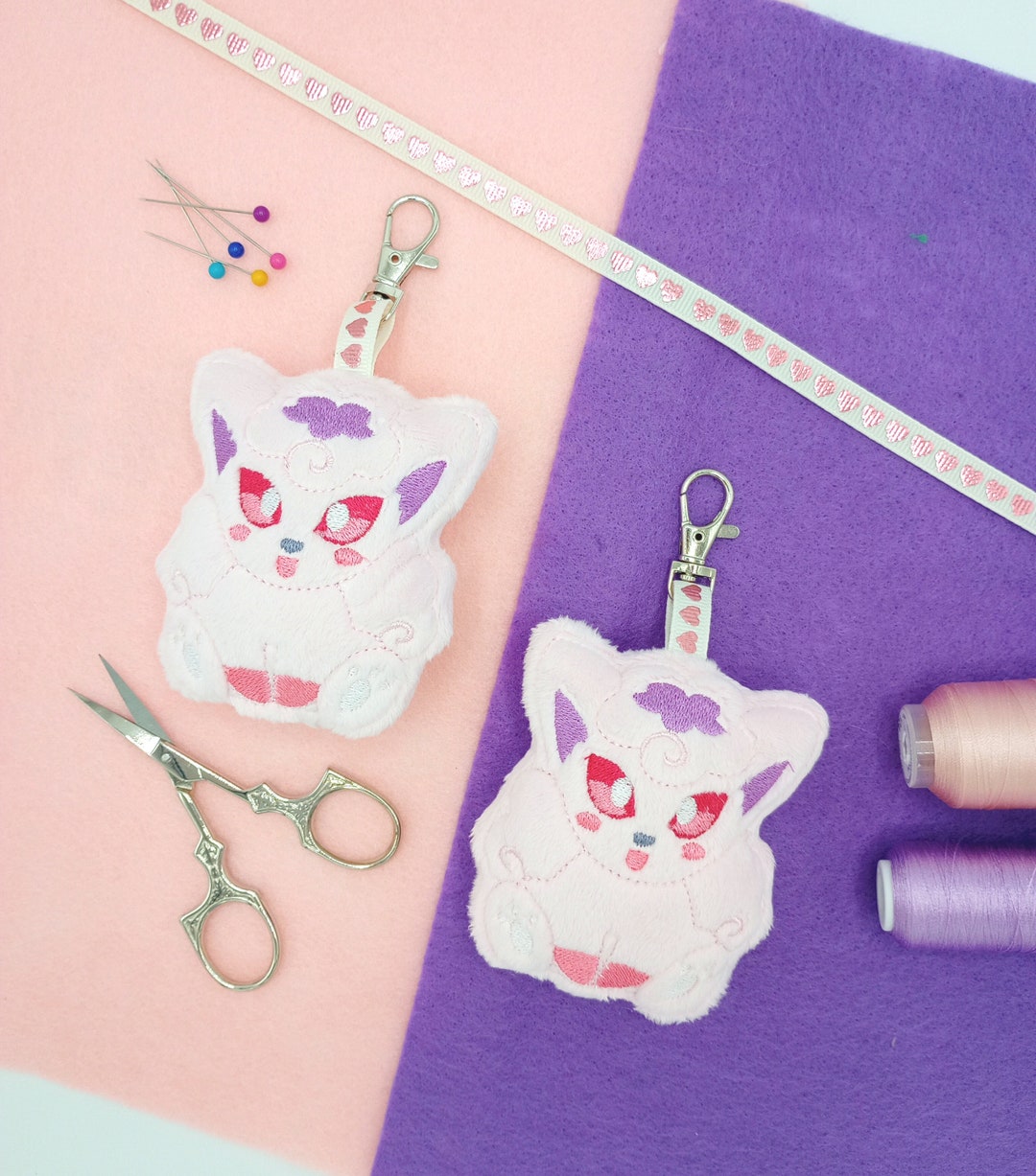 Pink Alolan Vulpix Pokemon Plush Keychain Charm Handmade Kawaii Anime ...