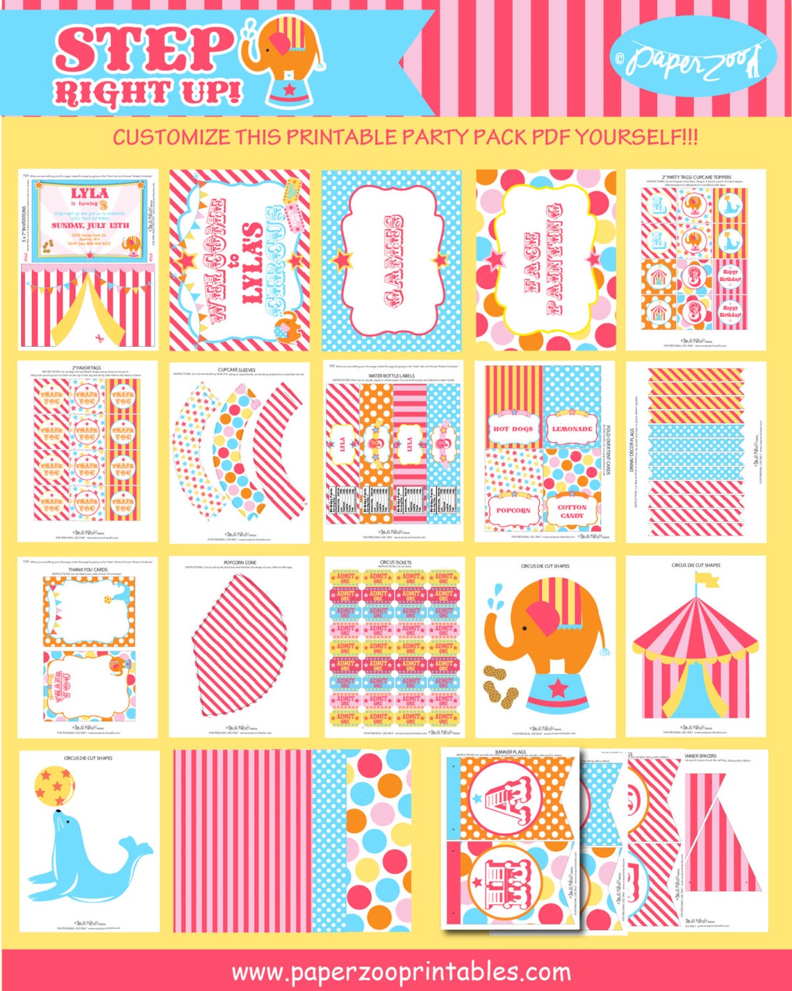 INSTANT DOWNLOAD, Step Right up CIRCUS Girl Birthday Printable Party ...