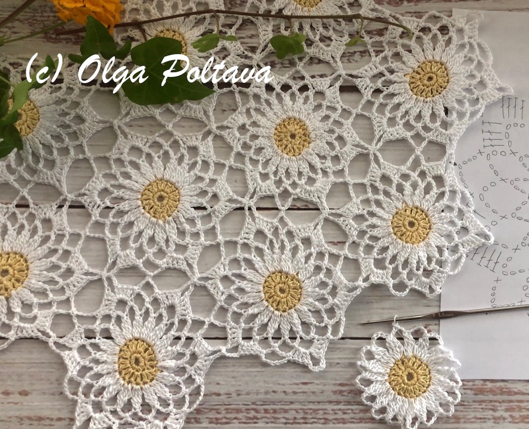 Crochet Symbol Chart, Field of Daisies Crochet Tablecloth, Easy Motif ...