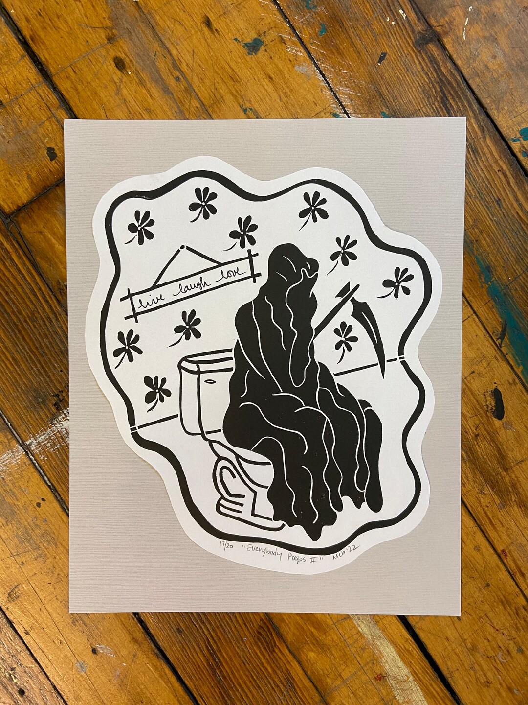 Everybody Poops 2 Reaper Linoleum Carved Block Print Grey - Etsy