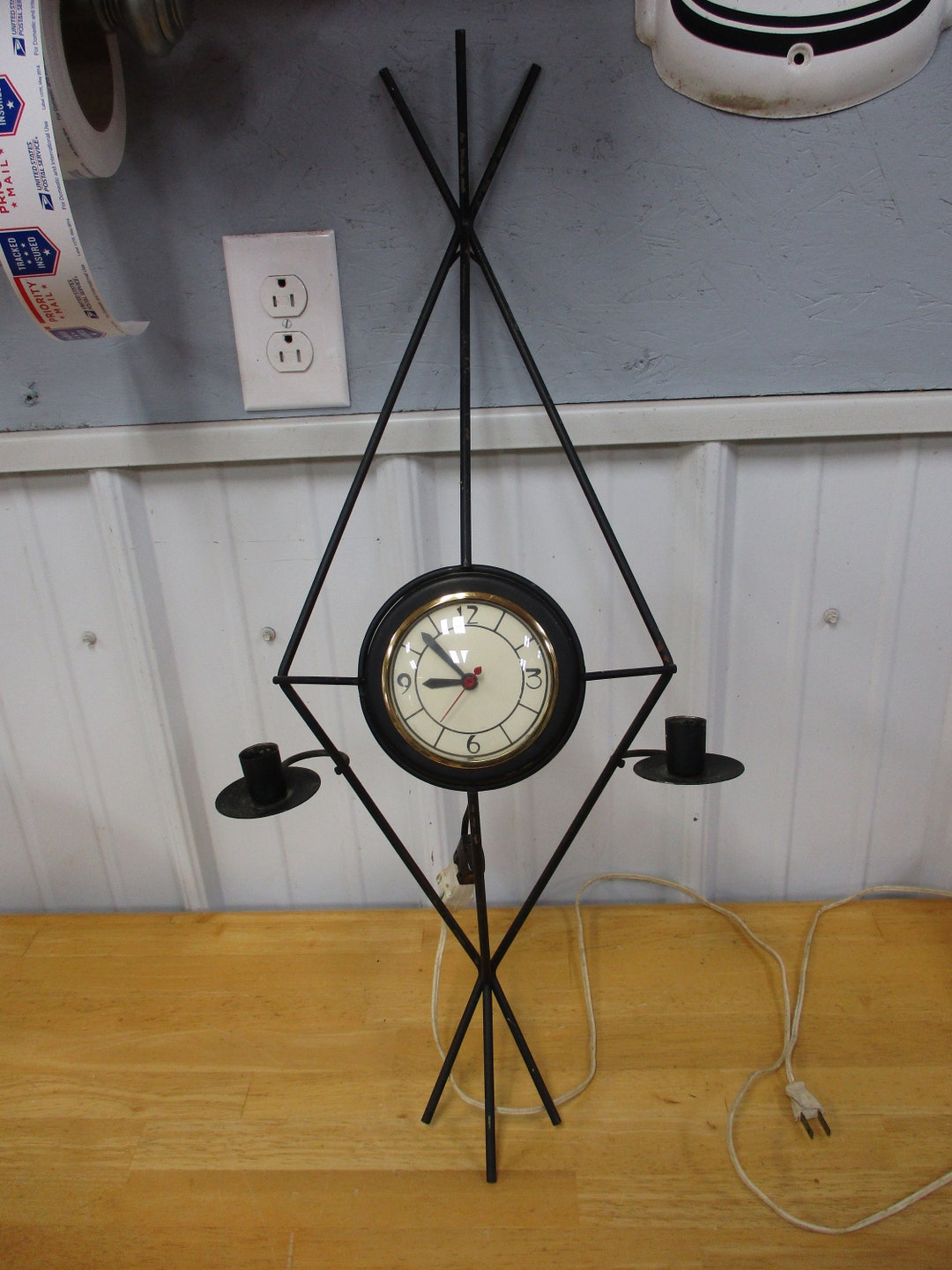 Vintage Black Metal MCM Wall Clock & Candle Holders Electric 29 1/2 ...