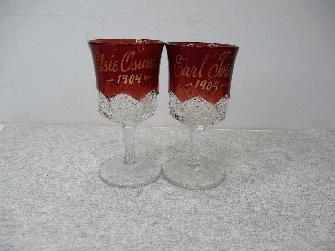2 Antique 1904 Ruby Red Flash Glass Souvenir Stem Cordial Glasses 4" T ...