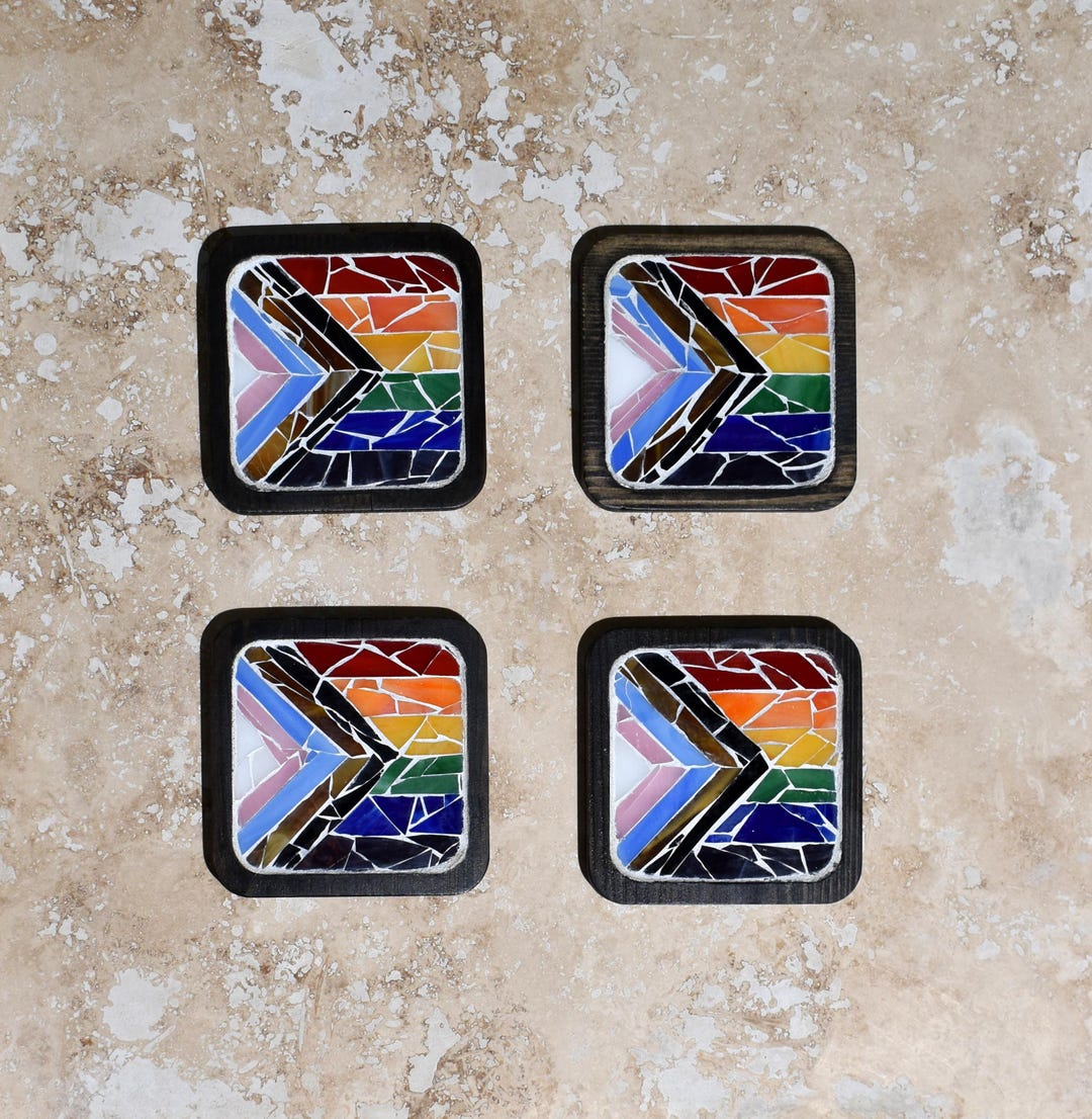 Scrap Glass Mosaic Progress Pride Flag Welled Pine Coasters Square With ...
