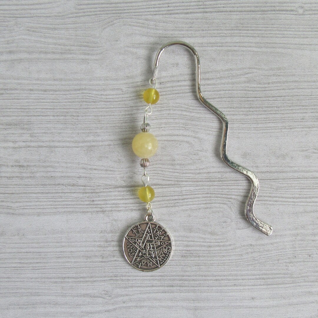 Tetragrammaton Pentacle Metal Bookmark With Yellow Jade Gemstone Beads ...