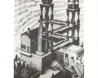 LARGE M.C. Escher Print WATERFALL, 1961, Print, Vintage 1981 Fine Art ...