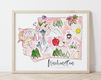 Illustrated Washington State Art Print, Cute Washington Map Print ...