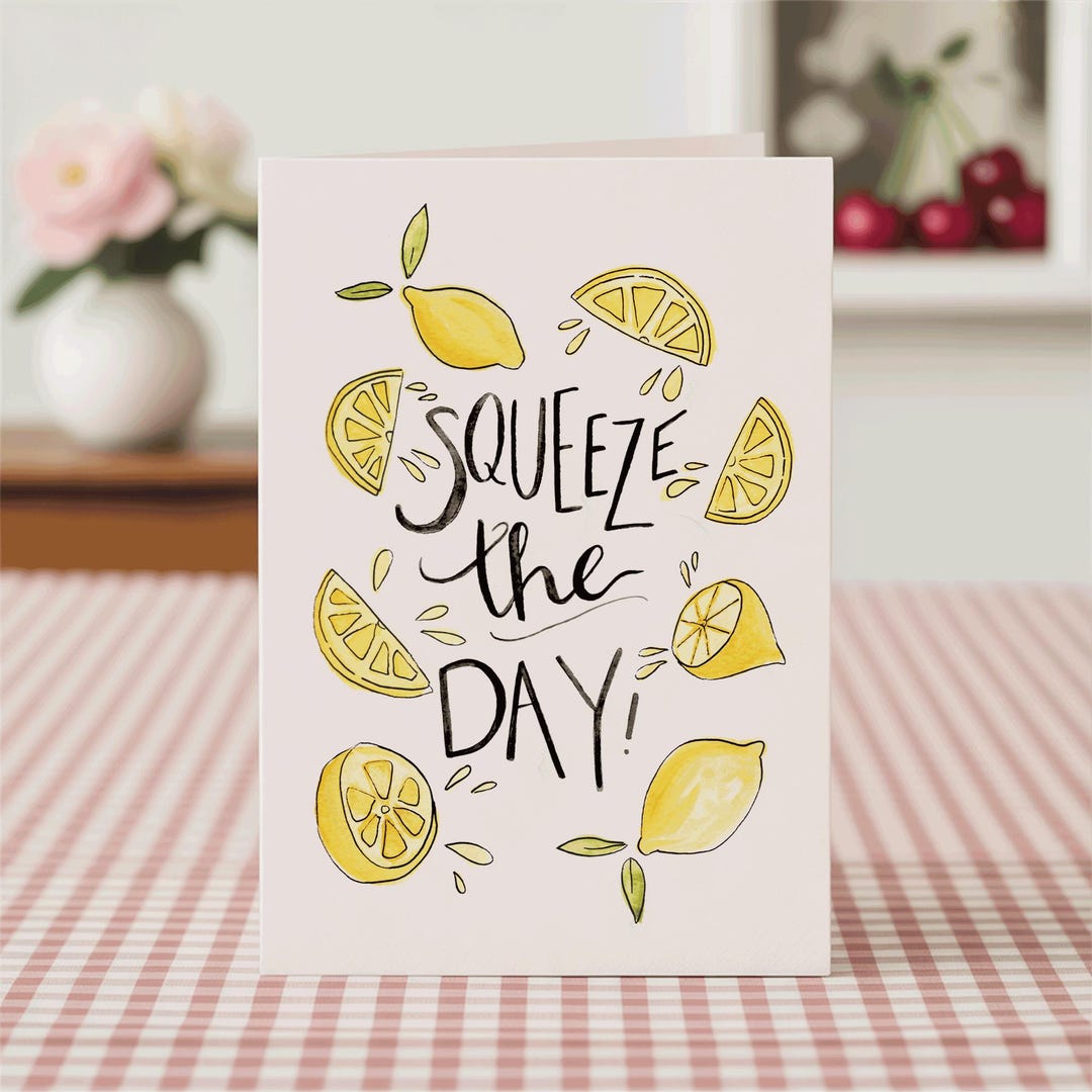 Squeeze the Day Lemon Card, Watercolor Motivational Greeting Card (5x7 ...